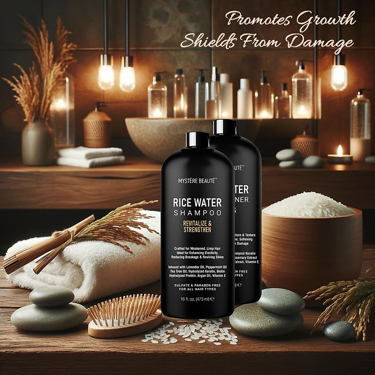 MYSTÉRE BEAUTÉ Rice Water Shampoo and Conditioner Set - Ultra-Nourishing Hair Care Set, Promotes Growth, Revitalizes Shine, and Shields from Damage - Infused with Essential Oils - 16 fl oz Each
