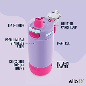 Ello Kids Colby 12oz Stainless Steel Insulated Water Bottle with Straw and Built-In Silicone Coaster (Lilac/Pink)