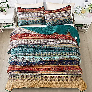 WONGS BEDDING Boho Queen Quilt Set, Green and Brown Bohemian Queen Quilt Bedding Set, Lightweight Microfiber Bed Decor Bedspread for All Season 96"x90"(3 Pieces)