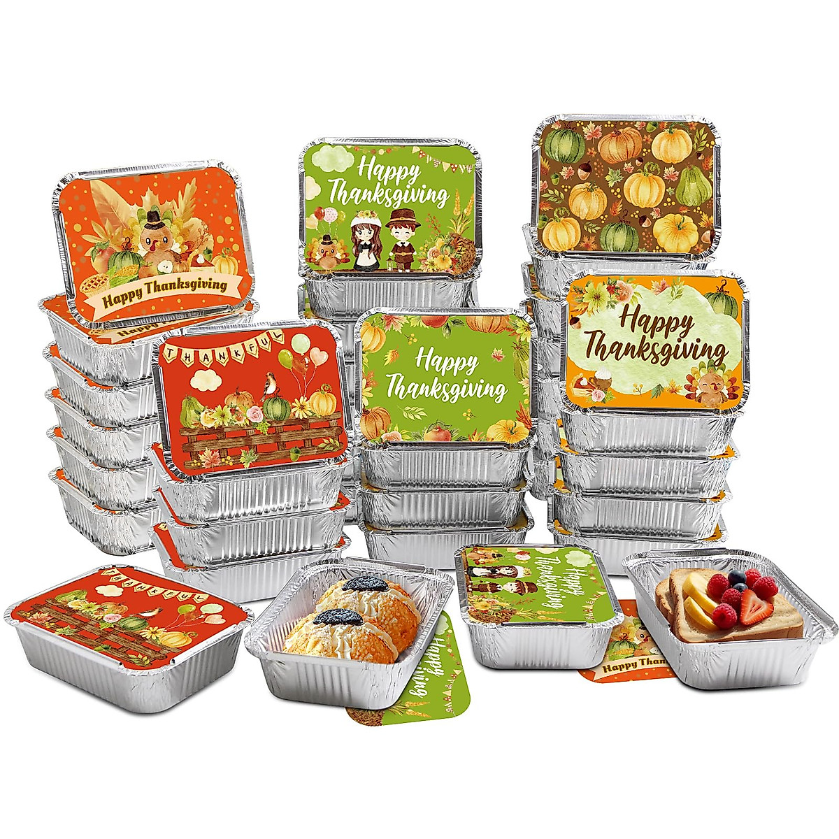 WorldBazaar Thanksgiving Aluminum Food Containers with Lids 36PCS Watercolor Thanksgiving Leftover Containers Disposable Turkey Aluminum Containers Thanksgiving Party Supplies