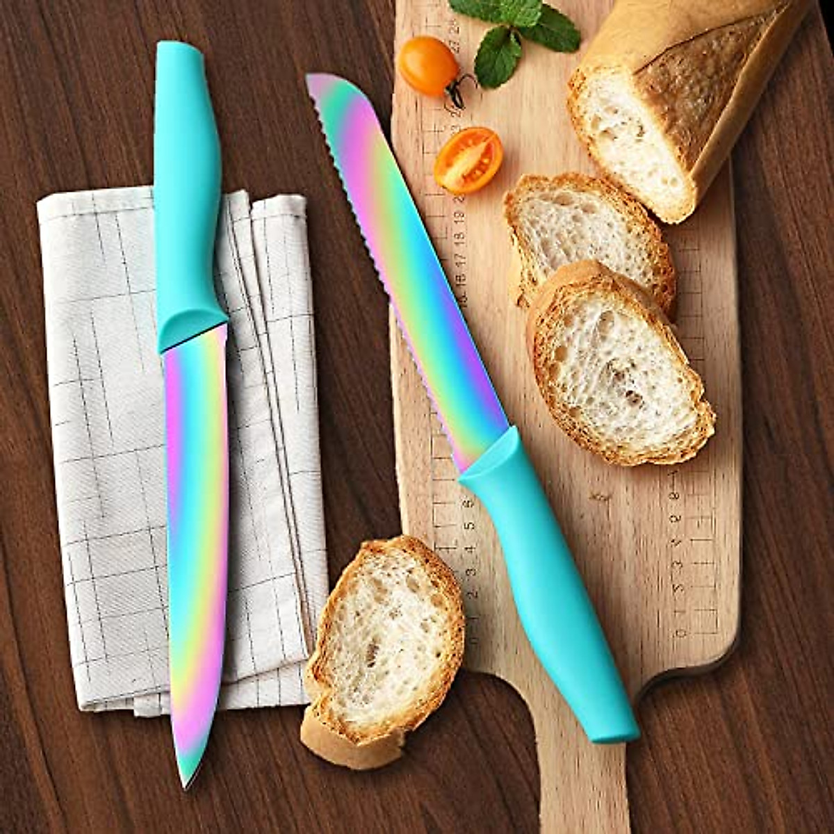 DISHWASHER SAFE Knife Set, Marco Almond®14PC Rainbow Titanium Kitchen Knife Set, KYA27 Knives sets for Kitchen with Block, Teal