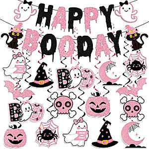 Pink Halloween Party Decorations, Halloween Birthday Party Decorations Includes Happy Boo Day Banner and Halloween Hanging Swirls, Pink Halloween Party Decor for Halloween Outdoor Indoor Supplies