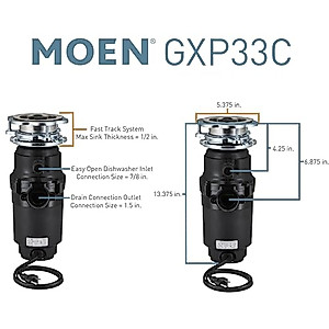 Moen GXP33C Lite Series PRO 1/3 HP Compact Continuous Feed Garbage Disposal for Kitchen Sink, Power Cord Included