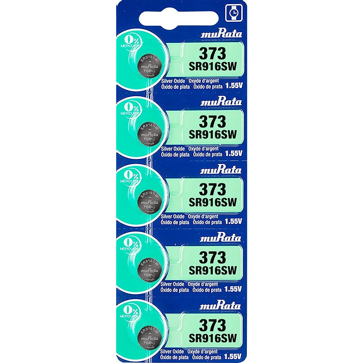 Murata 373 Battery SR916SW 1.55V Silver Oxide Watch Button Cell (5 Batteries)