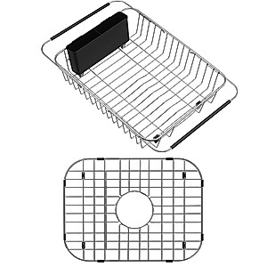 Expandable Dish Drying Rack Over The Sink Dish Drainer Dish Rack in Sink Kitchen Sink Grate Sink Protector for Kitchen Sink, Stainless Steel