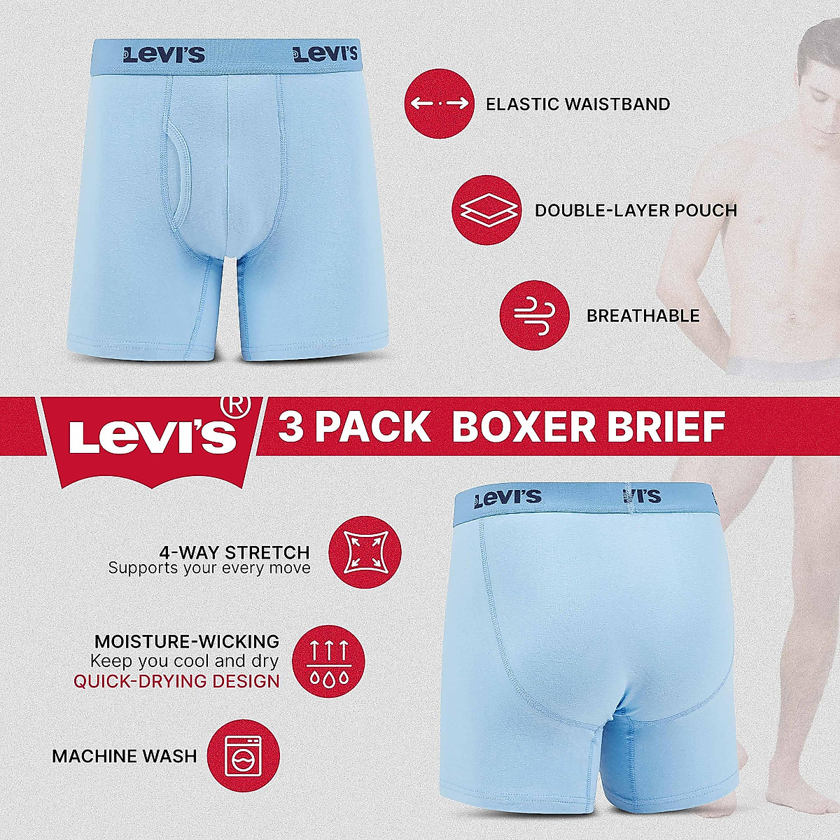 Levi's Boxer Briefs for Men, Cotton Stretch Breathable Men's Underwear 3 Pack Assorted