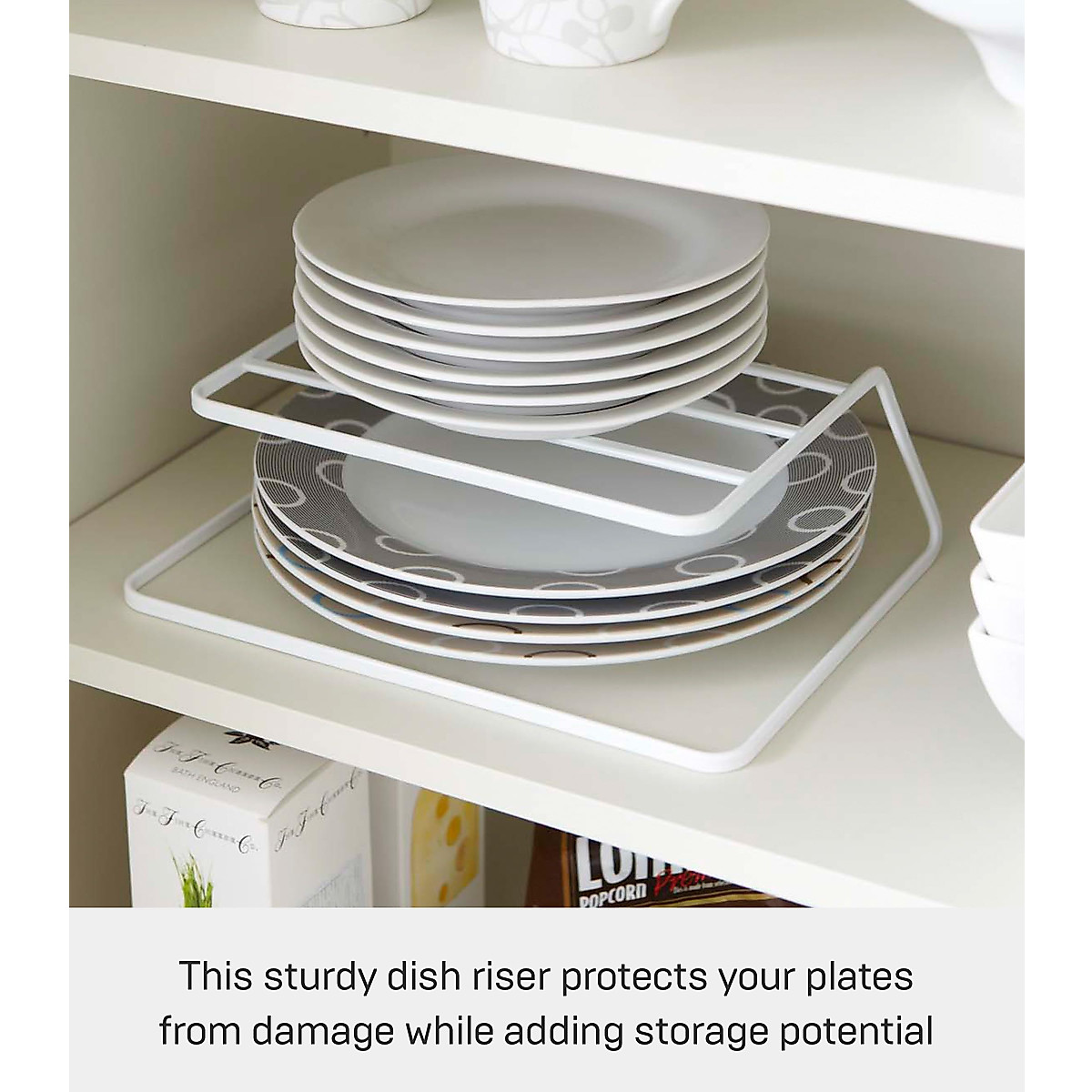 Yamazaki Home Dish Shelf Organizer & Storage for Kitchen Cabinets | Steel | Riser, One Size, White