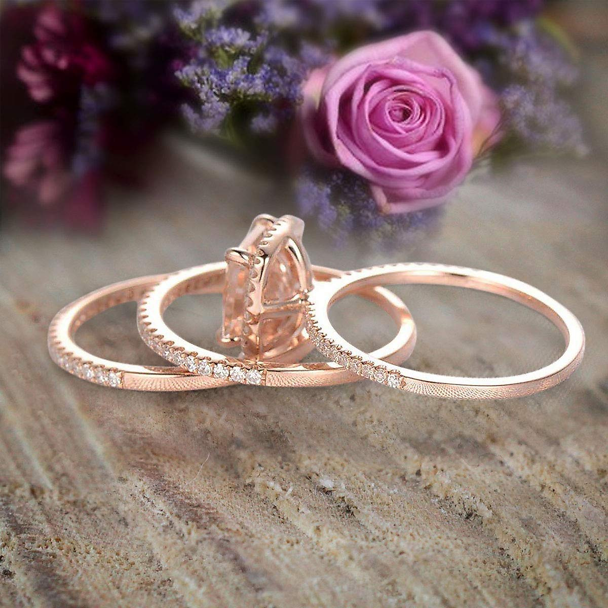 Trio Wedding Ring Set 2 Carat Morganite Diamond Engagement Ring & 2 Matching Wedding bands Rose Gold