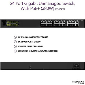 NETGEAR PoE Switch 24 Port Gigabit Ethernet Unmanaged Network Switch (GS324PP) - with 24 x PoE+ @ 380W, Desktop or Rackmount