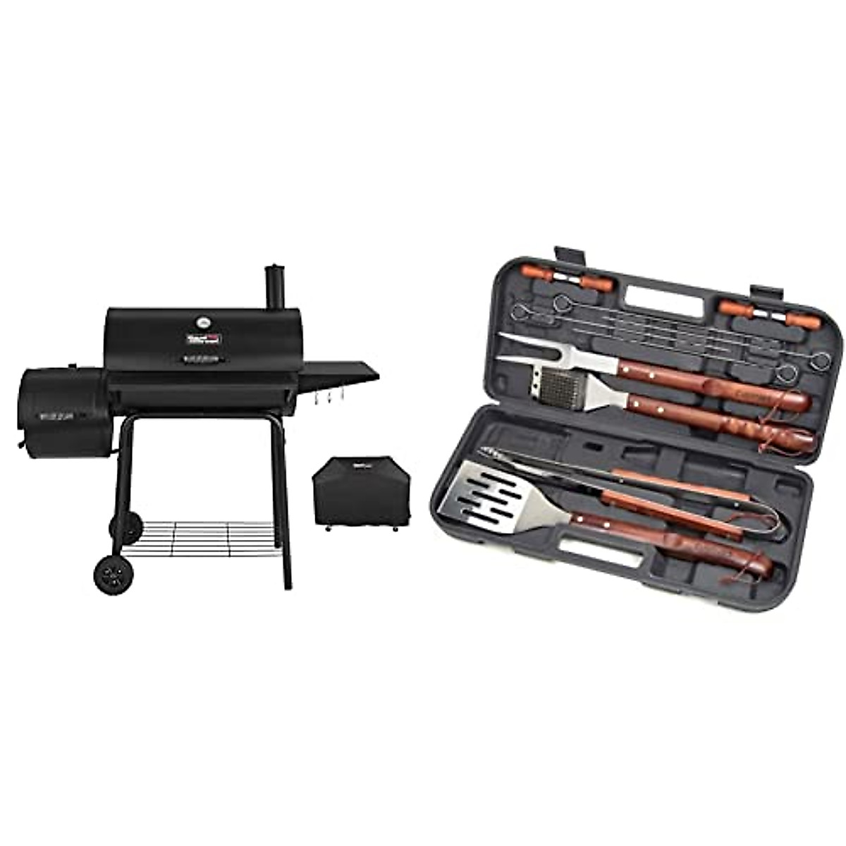Royal Gourmet CC1830SC Charcoal Grill Offset Smoker with Cover, 811 Square Inches, Black, Outdoor Camping & Cuisinart CGS-W13 Wooden Handle Tool Set (13-Piece) , Black