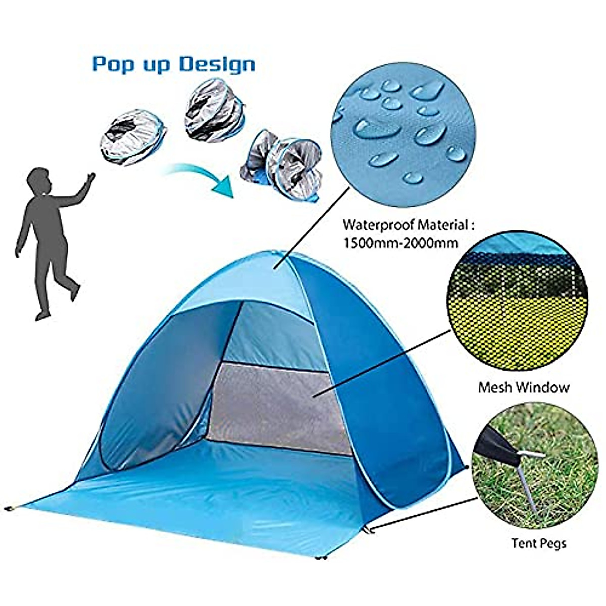 Beach Tent, Pop Up Beach Shade,UPF 50+Anti UV Automatic Sun Shelter Umbrella,Instant Automatic Portable Sport Umbrella Baby Canopy Cabana,Child Baby Beach Tent, for 2 Person with Carry Bag,(Blue)