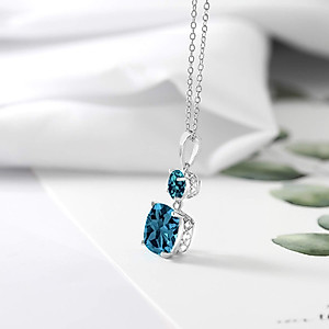 Gem Stone King 6.30 Cttw London Blue Topaz Pendant Necklace For Women In 925 Sterling Silver | Gemstone November Birthstone | Cushion 10MM | Round 6MM