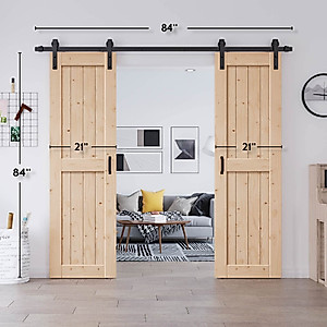 EaseLife 42in x 84in (Double 21in×84in Door) Barn Door with 7FT Sliding Door Hardware & Handle Included,DIY Assemblely,Easy Install,Apply to Interior Rooms & Storage Closet,H-Frame,Natural