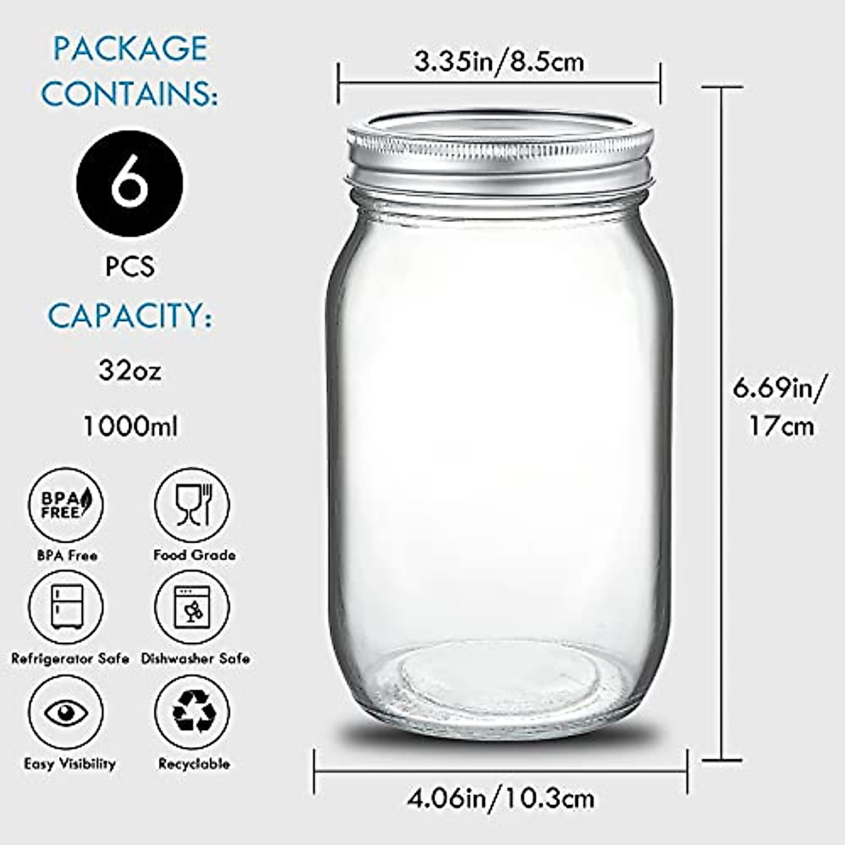 YEBODA 6 Pack Wide Mouth Mason Jars 32oz Glass Canning Jars with Airtight Lids and Bands for Preserving, Jam, Honey, Jelly, Wedding Favors, Sauces, Meal Prep, Overnight Oats, Salad, Yogurt