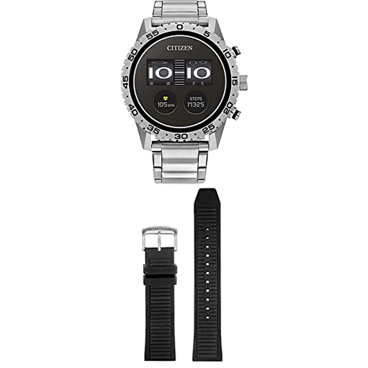 Citizen CZ Smart 44MM Sport Silver Smartwatch with YouQ App Featuring IBM Watson® AI and NASA Research, with CZ Smart Black Silicone Strap