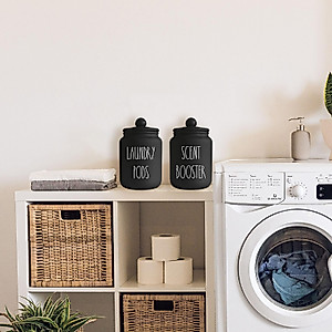 Laundry Room Organization Jars with Labels, Glass Containers for Laundry Detergent Laundry Powder, Farmhouse Laundry Pods Storage Organizers, Laundry Soap Dispenser, Scent Booster Holder(Black)