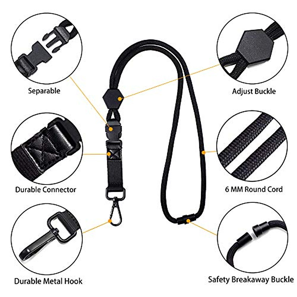 Durable Round Cord Lanyard with Metal Hook,Breakaway Buckle,Safety Breakaway for ID Card Holder in Office or Keys