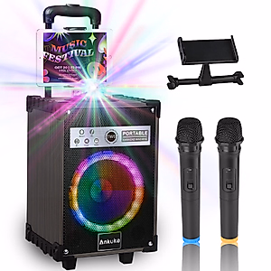 Ankuka Karaoke Machine, Portable Bluetooth Speaker with Disco Lights,Subwoofer PA System with 2 Wireless Microphones for Christmas,Birthday Party