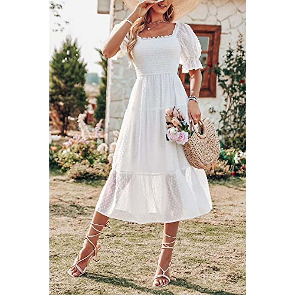 MEROKEETY Women's White Dress Summer Square Neck Puff Sleeve Boho Midi Dress Swiss Dot Ruffle Flowy Tie Back Dress, White, S