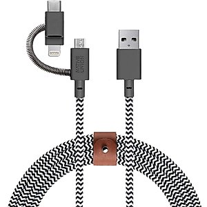 Native Union Belt Cable Universal - 6.5ft Ultra-Strong Reinforced [MFi Certified] Durable Charging Cable with 3-in-1 Adaptor for Lightning, USB-C and Micro-USB Devices (Zebra)
