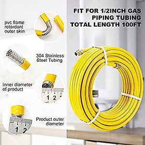 100FT 1/2" CSST Gas Line 1/2in Natural Flexible Gas Line with 2 Male Adapter Fittings, CSST Corrugated Stainless Steel Gas Tubing Pipe Kit for Stove Dryer Heater Gas Propane (100FT)
