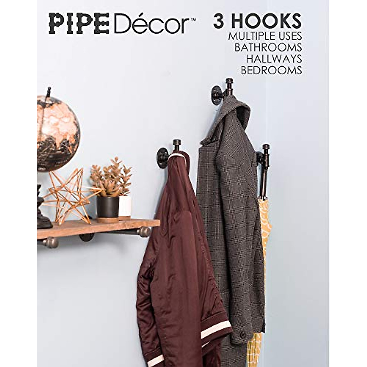 PIPE DECOR Robe and Towel Single Hook Kit Heavy Duty DIY Style, Rustic and Chic Industrial Iron Pipe with Electroplated Black Finish, Wall Mounted, Mounting Hardware Included, Oil + Rust Free (3)