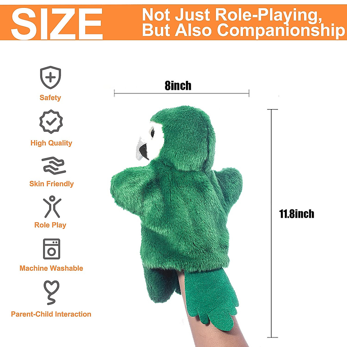 RONIAVL Animal Hand Puppets Plush Toy Birthday Party Favor Supplies for Storytelling Teaching Role-Play Stimulate Imagination Hand Puppets for Children (Green Parrot)