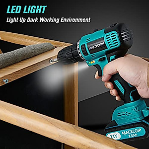 MACXCOIP Brushless Cordless Drill, 21V Electric Power Drill Driver with 3/8" Keyless Chuck, 300 In-lb Torque, 2 Variable Speeds, 25+1 Adjustable Clutch, 33pcs Accessories with Battery & Charger