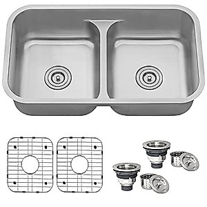 Ruvati 32-inch Low-Divide 50/50 Double Bowl Undermount 16 Gauge Stainless Steel Kitchen Sink – RVM4350