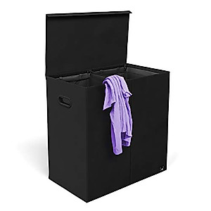 Mindspace Dual Laundry Hamper with Lid and Removable Mesh Liners, Extra Large Sorted Laundry Bin for Bathroom, Bedroom, Dorm, Apartment - Black, Oxford Collection, Double
