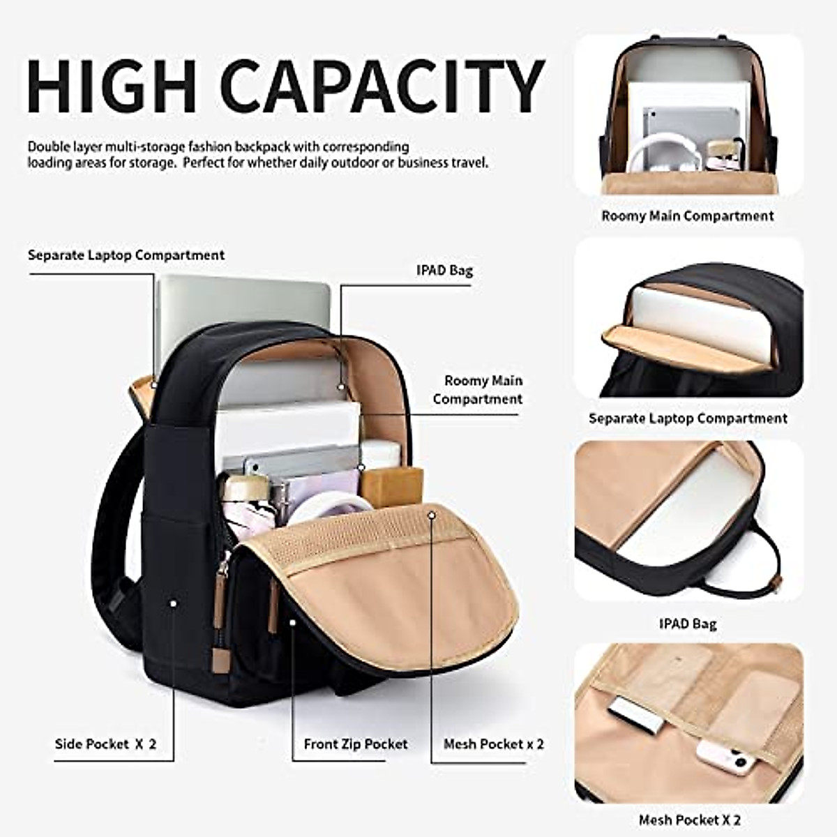 GOLF SUPAGS Travel Laptop Backpack for Women, Durable Fashion College Backpack Purse, Gift for Women Fits 14 Inch Notebook (Black, 14 Inch)