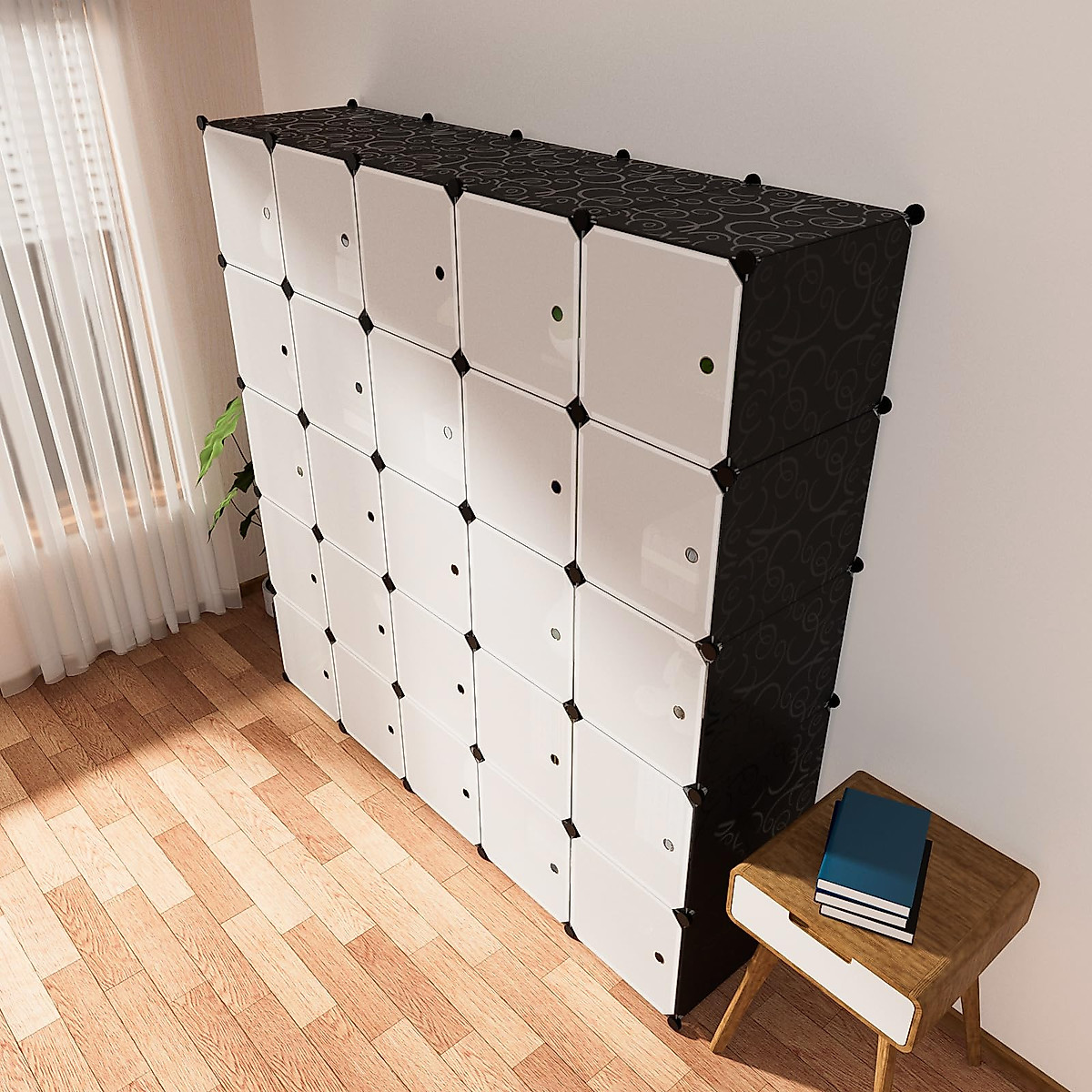 HOMOKUS Portable Storage Cubes,70"x70"x18" Depth Cube Storage Organizer,5x5 Tiers 25 Cubes Shelves,Clothes Storage Shelves with Doors,DIY Closet Cabinet for Home,Office (Black and White)