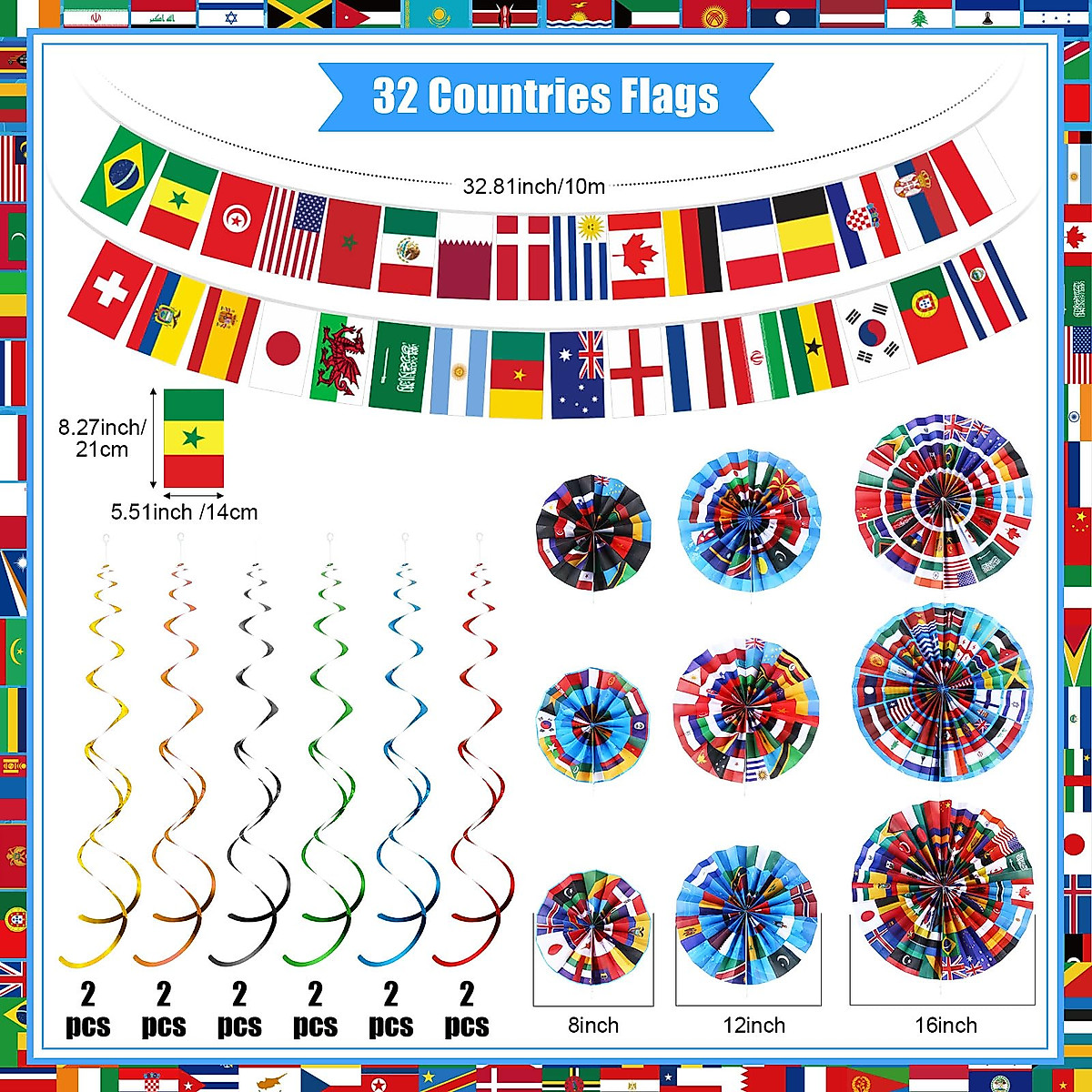 Outus 22 Pcs International World Flags Decorations Paper Fans World Flags Banner International Flag Hanging Swirls for Garland Ceilings School Office Party Decorations Supplies