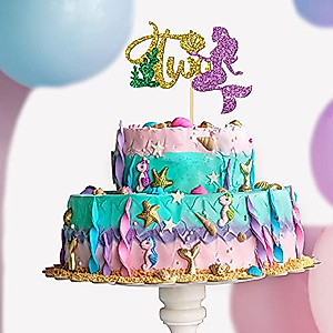 Mermaid Two Happy Birthday Cake Topper with Coral Shell, Under The Sea Theme / Mermaid 2nd Baby Shower Cake Pick, I'm One Sign, Mermaid Princess Birthday / Wedding / Pool Party Supplies
