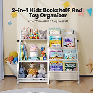Kids Bookshelf and Toy Storage Organizer, 2 in 1 Montessori Toddler Book Shelf for Kids Rooms, Nursery Bookcase, Easy Assembly, Includes Extra Side Pockets 11.8" D x 33.4" W x 29.5" H (White)