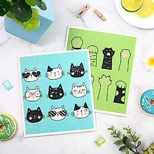 Whaline 6 Pack Cat Dishcloths Reusable Washable Mixed Cat Swedish Towels Cotton Absorbent Cleaning Cloth Hand Towels Decoration for Kitchen Towel Home Clean Bathroom Office Kitchen Gifts