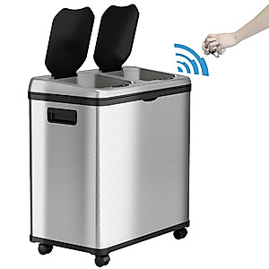 iTouchless 16 Gallon Touchless Sensor Trash Can and Recycle Bin with Wheels, 60 Liter Stainless Steel Dual-Compartment (2 x 8 Gallon) Kitchen Recycling and Garbage Trashcan