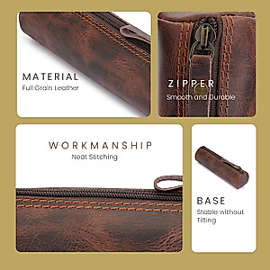 CestAntiQ Leather Pencil Case - Full Grain Leather Zippered Pen Pouch - Premium Stationery Bag & Pen Holder for Work, Office & Travel - Handmade Durable Executive Leather Pencil Organizer - Brown