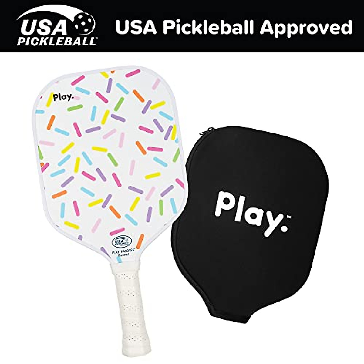 Play Paddles Indoor/Outdoor Pickleball Paddle - USA Pickleball Approved - Carbon Fiber and Polymer Honeycomb Composite Core - Hyper-Grip™ Surface and Graphite Face - Cushioned Grip Handle (Sprinkles)