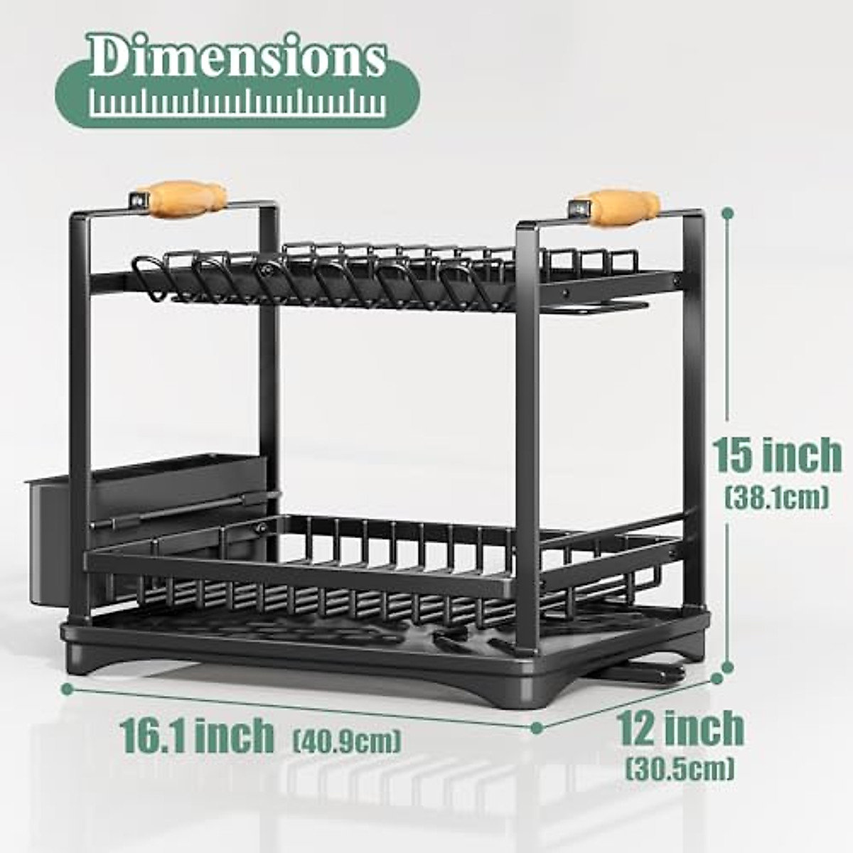 Dish Drying Rack for Kitchen Counter - 2 Tier Dish Rack with Drainboard, Stainless Steel Large Dish Drainers, Black