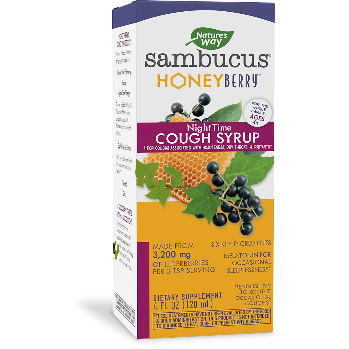 Nature's Way Sambucus HoneyBerry NightTime Cough Syrup for Kids, Soothes Occasional Cough Due to Horseness, Dry Throat & Irritants and Melatonin for Occasional Sleeplessness*, 4 Fl Oz.