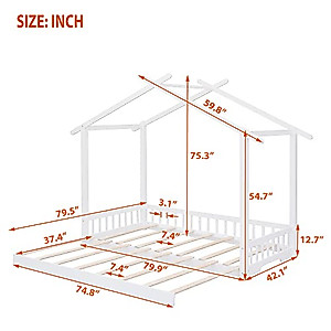 Merax Extending House Bed, Wooden Daybed, No Box Spring Needed, White