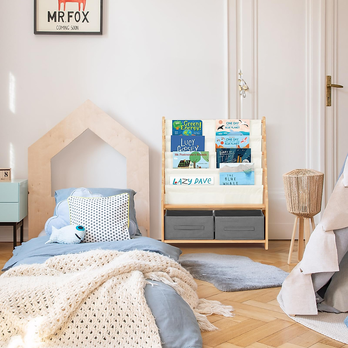 OOOK Solid Wood Kids Bookshelf, 27.6" L x 11" W x 34" H Toddler Montessori Bookshelf Equipped with 4 Sling Bookshelf, 2 Toy Organizer Shelves and Storage Boxes, Nice Book Shelf for Kids Rooms, Nursery