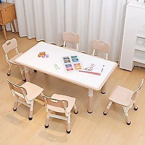 ALBSEOY Kids Table and Chair Set, Toddler Daycare Table and Chairs for Boys and Girls Age 2-12, Height Adjustable Table with 6 Seats, Preschool Table, Kids Table for Classrooms/Daycares/Homes