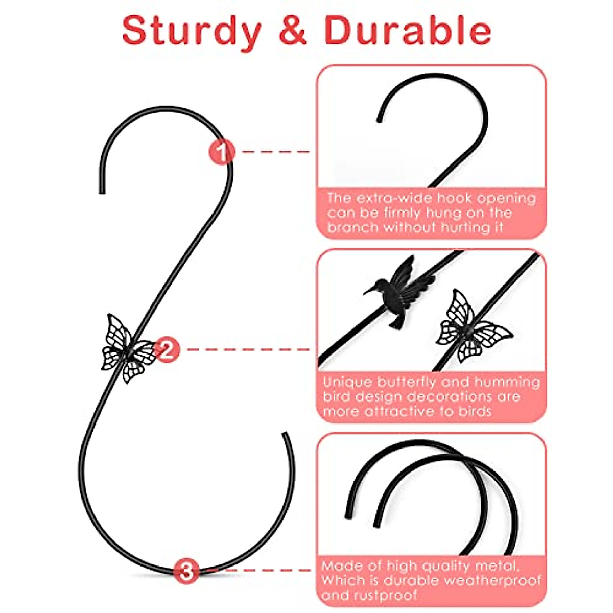 PACETAP Bird Feeders Hanger 12-Inch, 2PCS Metal Hummingbird Feeder Hook, Heavy Duty Plant Hangers Outdoor for Hanging Plants, Bird Feeder, Wind Chimes, Christmas Ornaments and More (Black)