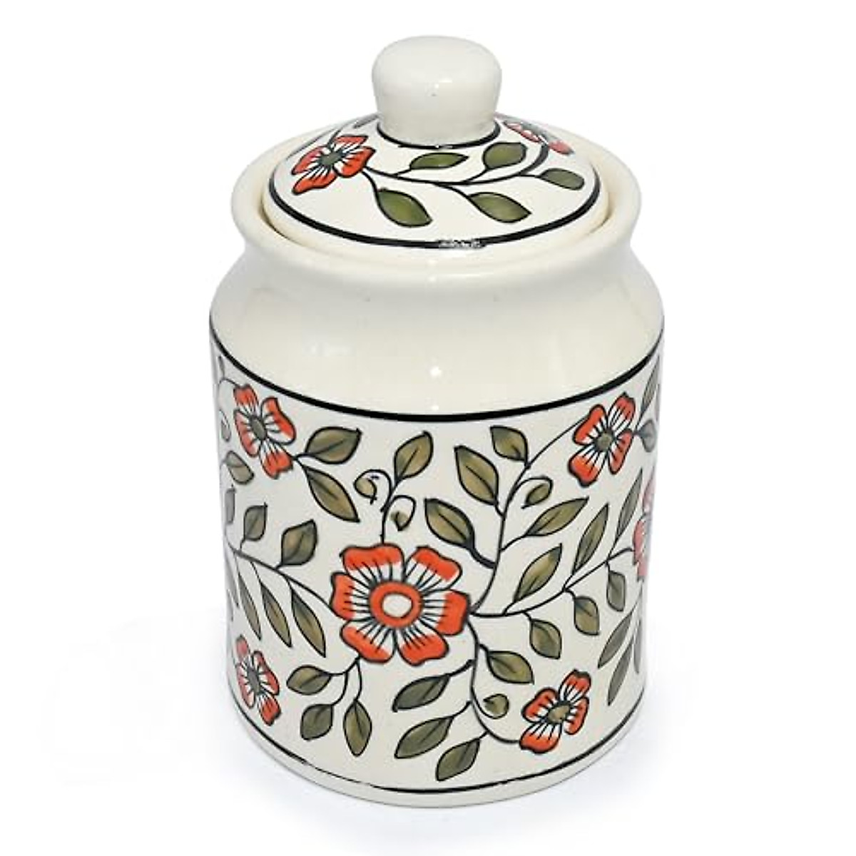 Amoorcart Ceramic Jars and Containers with Lid for Kitchen - Hand painted - Pack of 1-17cm height - (NON AIRTIGHT) - Red Green Floral