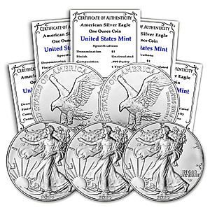 2024 - Lot of (5) 1 oz American Silver Eagle Coins Brilliant Uncirculated with Certificates of Authenticity $1 Seller BU