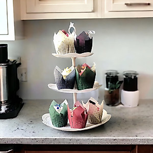 The Baker Celebrations 100 Gold Star Tulip Paper Cups 2 x 3 1/4 inch Muffin Liners; Cupcake Holders - Made in Canada - Green White Red and Blue (25 of each)