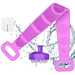 NeeRockz - Silicone Body Scrubber and Scalp Massager Set, 3-Inch Scalp Exfoliator and Dual-Sided 31.5-Inch Back Scrubber for Shower, Ergonomic Hair Massager and Bath Scrubber