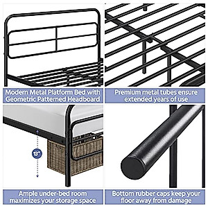 Topeakmart Full Bed Frames Metal Platform Bed with Modern Geometric Patterned Headboard, Easy Assemble, 13 Inch Underbed Storage, No Box Spring Needed, Black